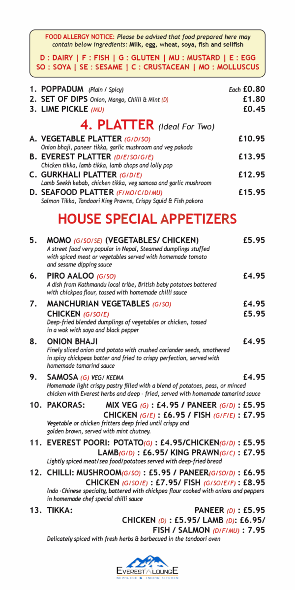 Menu – Everest Lounge